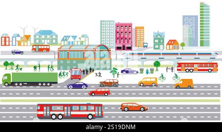 City overview with traffic and houses, information illustration Stock ...