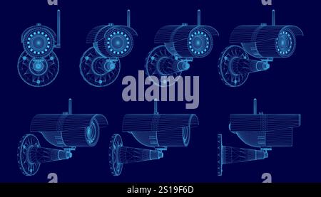 Series of blue images of security cameras. The images are all different ...