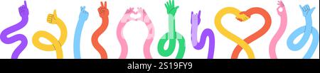 Stretched cartoon hands. Flexible human hand, long arm showing ...
