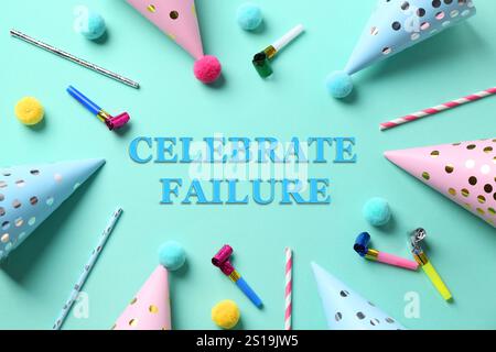 Celebrate failure. Party hats and blowers on turquoise background, flat ...