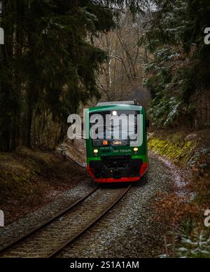 Color private passenger train in winter forest near Lcovice stop CZ 12 ...