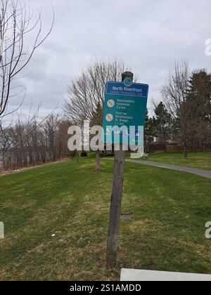 North riverfront trail sign at Carleton Park in Fredericton, New ...