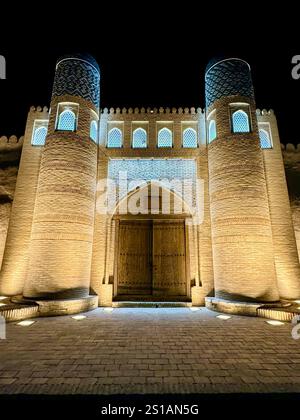 Illuminated Historic Gate with Twin Towers and Intricate Details Stock ...