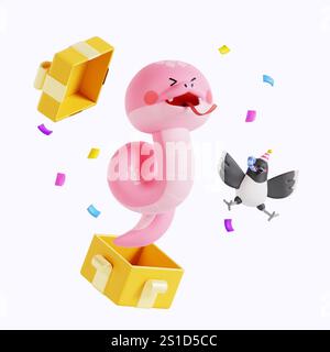 A snake jumping out of a gift box and a magpie celebrating Stock Photo ...