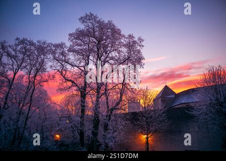 castle ennsegg in enns, upper austria in the morning light in winter ...