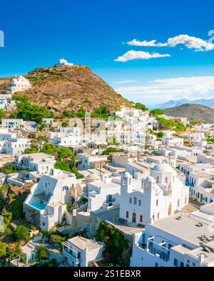 Panoramic view of Plaka village with traditional Greek church. Milos ...