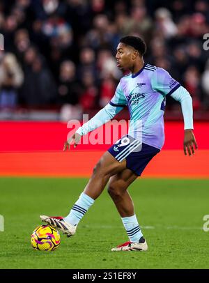 Myles Lewis-Skelly of Arsenal in the pregame warmup session during the ...
