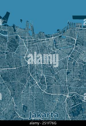 Map of Jakarta in Indonesia in blue. Contains layered vector with roads ...