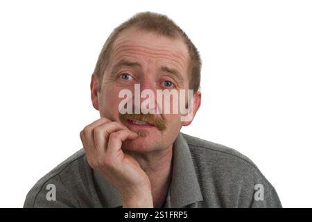 Man resting face on fist cropped on white background Stock Photo - Alamy