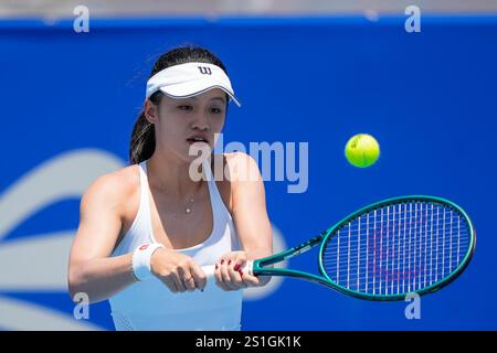 Canberra, Australia; 4th Jan 2025: Sijia Wei of China is pictured in action against Aoi Ito of ...