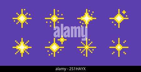 Collection of pixel art sparkling stars. Shining brightly pixelated ...
