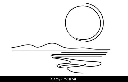 one continuous line drawing of horizon and sun view. isolated white ...