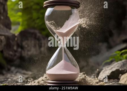THEORY OF TIME: Sand explodes outwardly from an hourglass Stock Photo ...