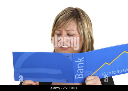 Young woman with bank statement folder - on light background Stock ...