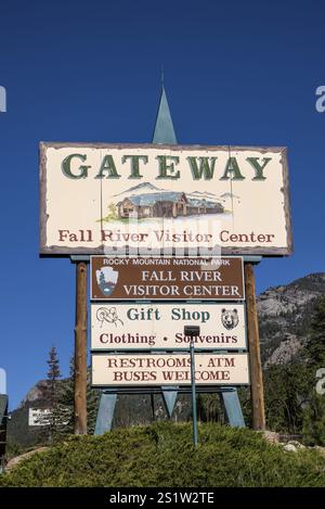 Rocky Mountains National Park Gateway sign at the Fall River Visitor ...