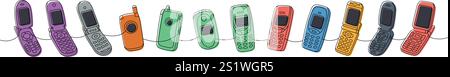 Retro phones one line colored continuous drawing. Old fashioned phones ...