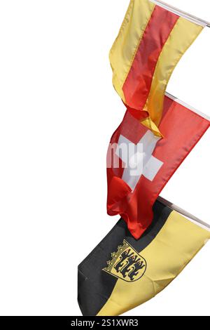 Three flags on the flagpoles - waving in the wind. Flags of Baden ...