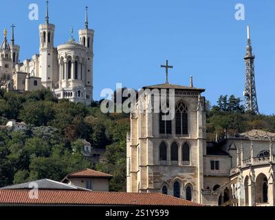 Cathedral Notre Dame de Fourviere Lyon France detail, arched windows ...