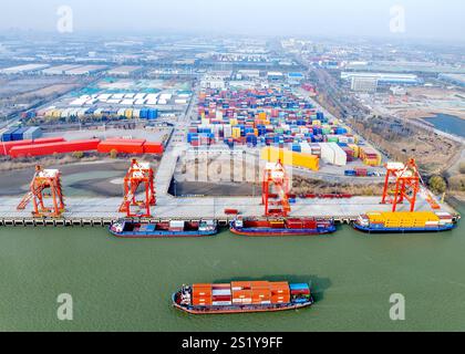 Aerial photo shows cargo ships sailing in the Grand Canal in Yangzhou ...
