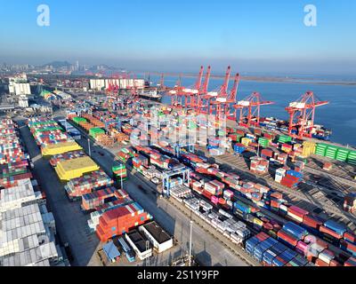 Aerial photo shows the busy container terminal in Yangzhou City, east ...