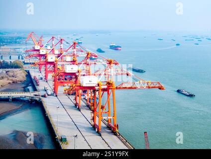 Aerial photo shows the busy container terminal in Yangzhou City, east ...