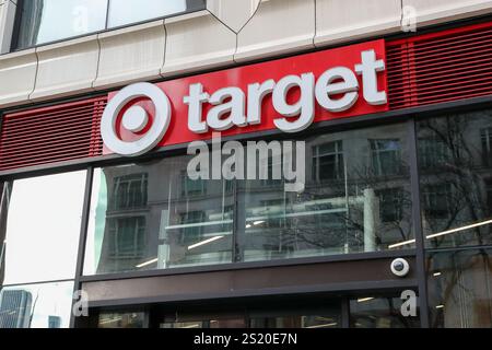 The Target logo is seen on the facade of a Target store in New York ...