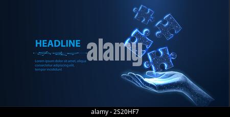 Three puzzles on blue. Digital solution, partners cooperate, matching ...