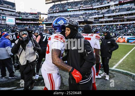 Eagles running back Saquan Barkley answering questions from reporters ...