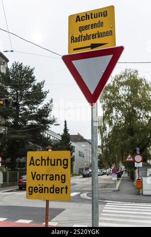 Traffic signs, attention, modified right of way, priority for cyclists ...