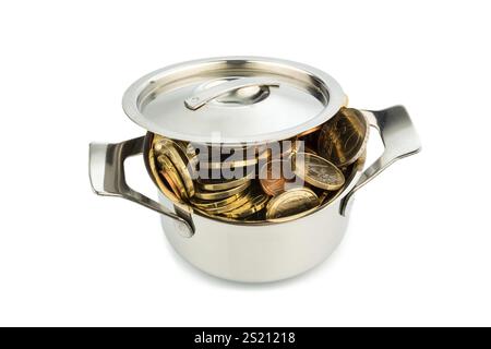 A cooking pot is well filled with euro coins, symbolic photo for ...