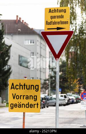 Traffic signs, attention, modified right of way, priority for cyclists ...