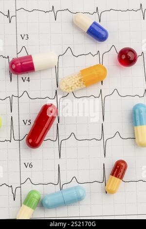 Several tablets lie on an ECG. Symbolic photo for cardiovascular ...