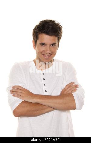 Photo portrait of nice young guy excited typing working keyboard ...