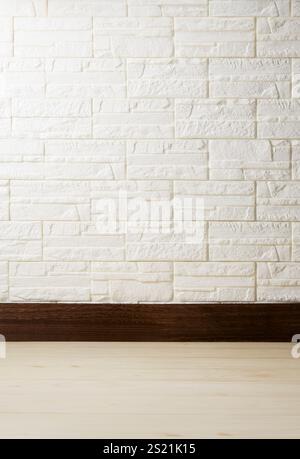 Material Back white brick wall white wood floor Stock Photo - Alamy