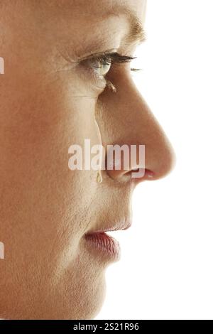 One sad tearful woman crying. Portrait of a depressed person close up ...