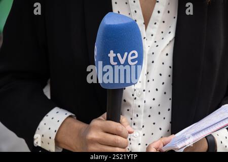Microphone of RTVE (Spanish Radio and Television Corporation) during a ...