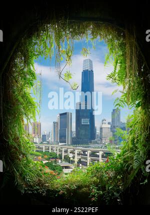 Cityscape of Kuala Lumpur. Beautiful green central park with fountains ...