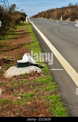 Melted and deformed plastic roadside marker posts with burnt trees and ...