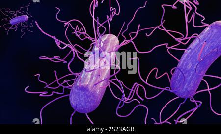 3d rendering of Bacillus subtilis bacterium with peritrichous flagella ...