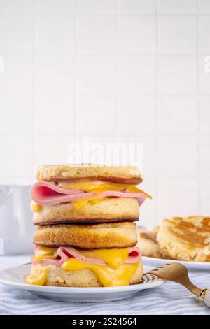 Breakfast crumpet sandwich, british pancake scones burger with cheese ...