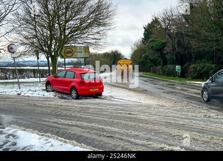 A607 Graham to Melton road January 06th 2024: Rroad gritter passers a ...