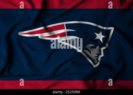 A closeup of a New England Patriots NFL team helmet isolated on white ...