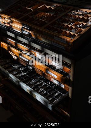 A letterpress printers cabinet with drawers with typeface names Stock ...