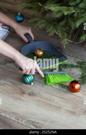 cleaning the apartment after Christmas, needles fall off the Christmas ...