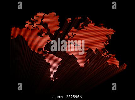 three dimensional red spotted world map isolated on black background ...