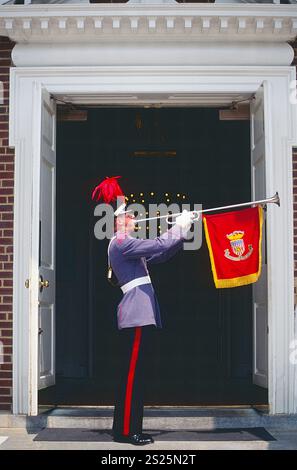 Lone uniformed cadet playing brass horn; Valley Forge Military Academy ...