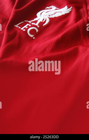 Angled close up photo of Liverpool FC club badge on the shirt with ...