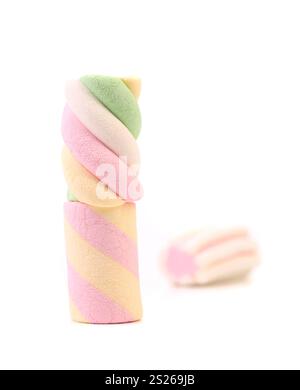 Three different colorful marshmallow. Close up. White background Stock ...