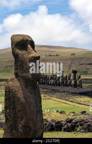 A single Moai stands at the entrance to Ahu Tongariki, Easter Island’s ...