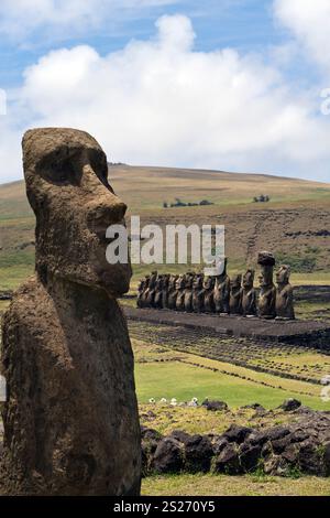 A single Moai stands at the entrance to Ahu Tongariki, Easter Island’s ...